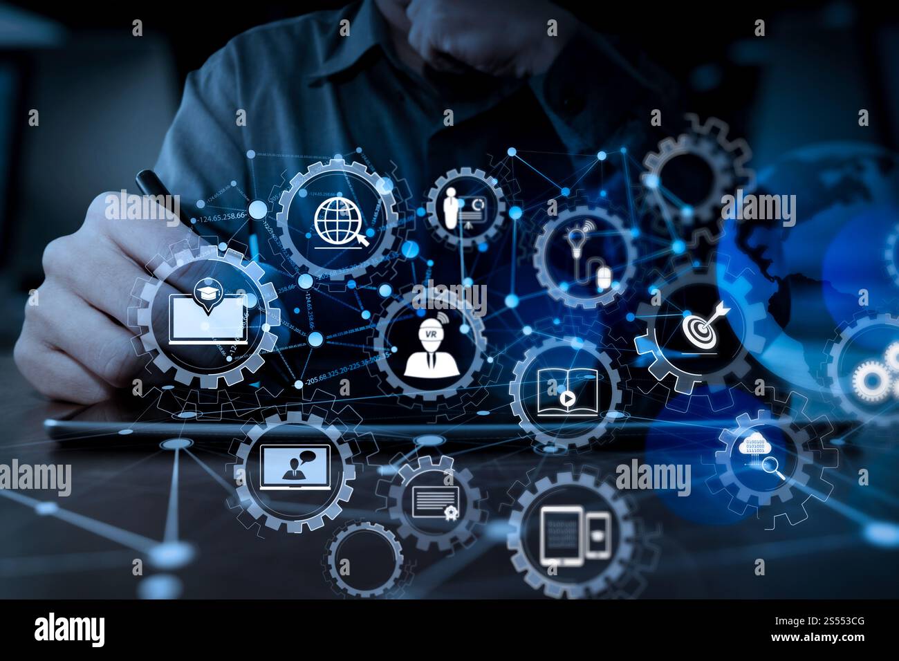 E-learning with connected gear cogs connected diagram virtual dashboard ...