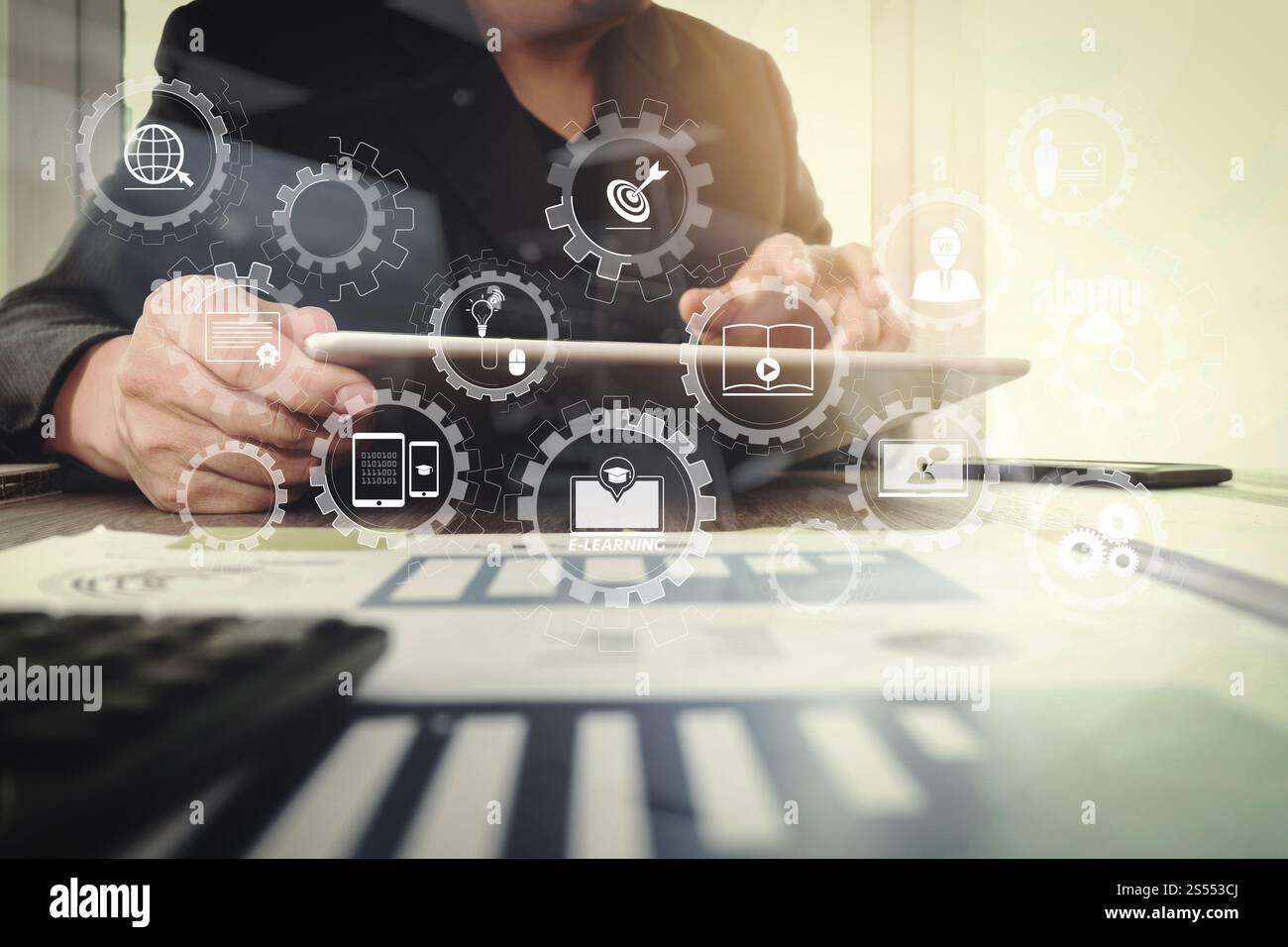 E-learning with connected gear cogs connected diagram virtual dashboard ...