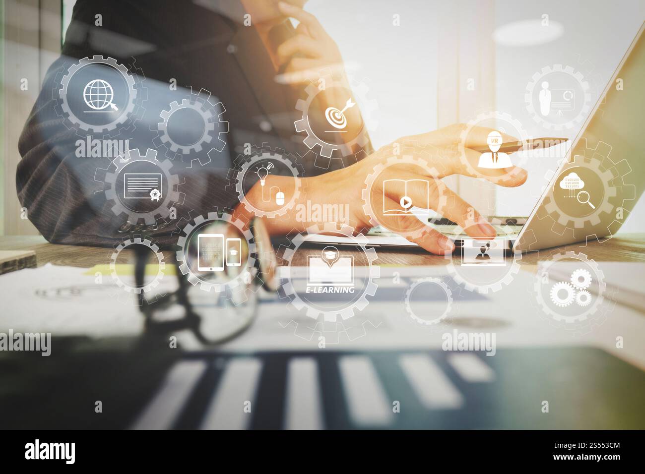 E-learning with connected gear cogs connected diagram virtual dashboard ...