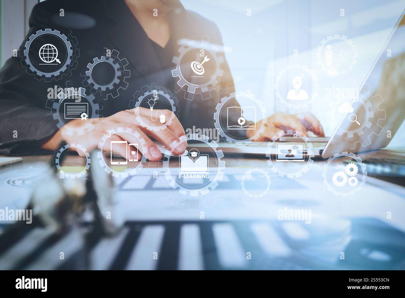 E-learning with connected gear cogs connected diagram virtual dashboard ...