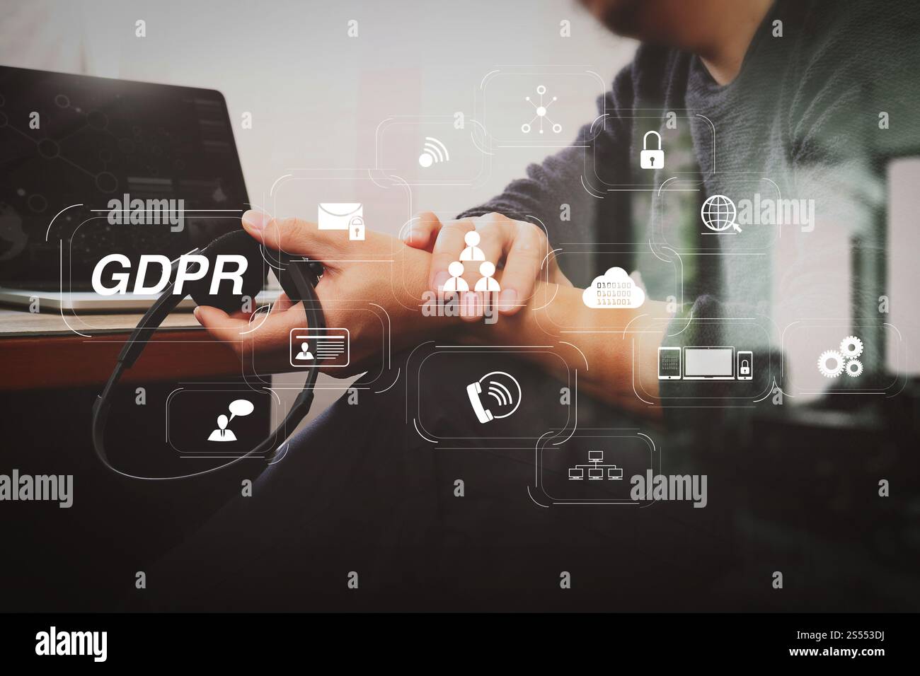 GDPR. Data Protection Regulation with Cyber security and privacy virtual diagram.Man using VOIP ...