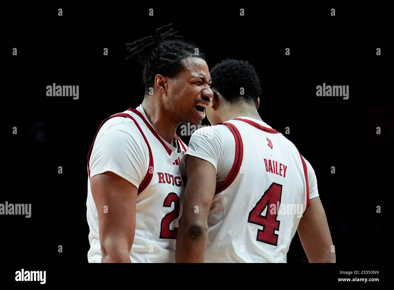 Rutgers guards Dylan Harper (2) and Ace Bailey (4) react during the ...