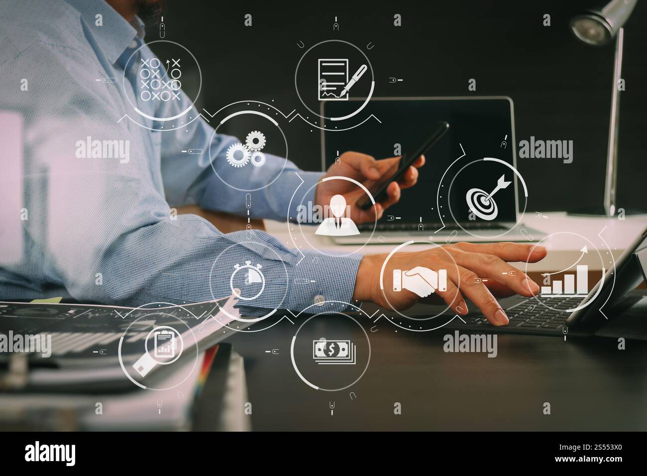 Business process management with workflow automation diagram and gears in virtual flowchart ...