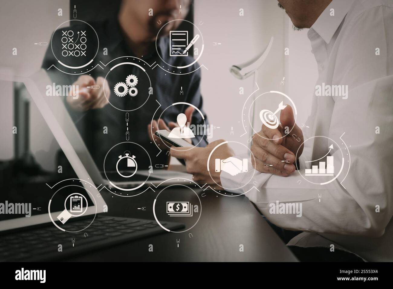 Business process management with workflow automation diagram and gears in virtual flowchart.co ...