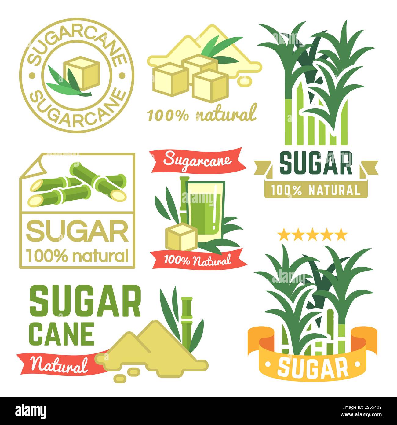 Sugar production labels, sugarcane farm badges and emblems vector set ...