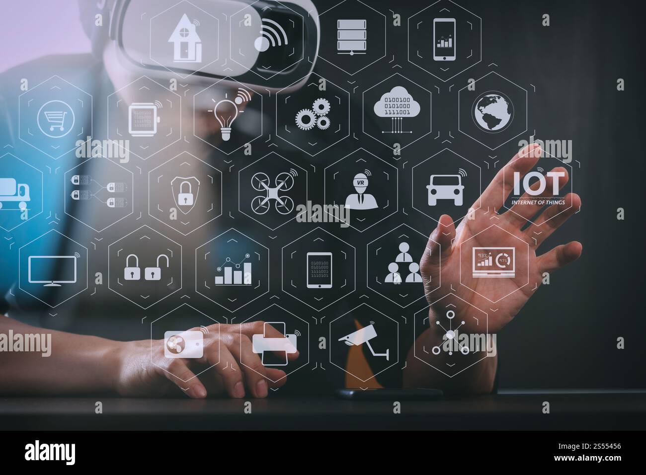 Internet of Things (IOT) technology with AR (Augmented Reality) on VR dashboard. businessman ...