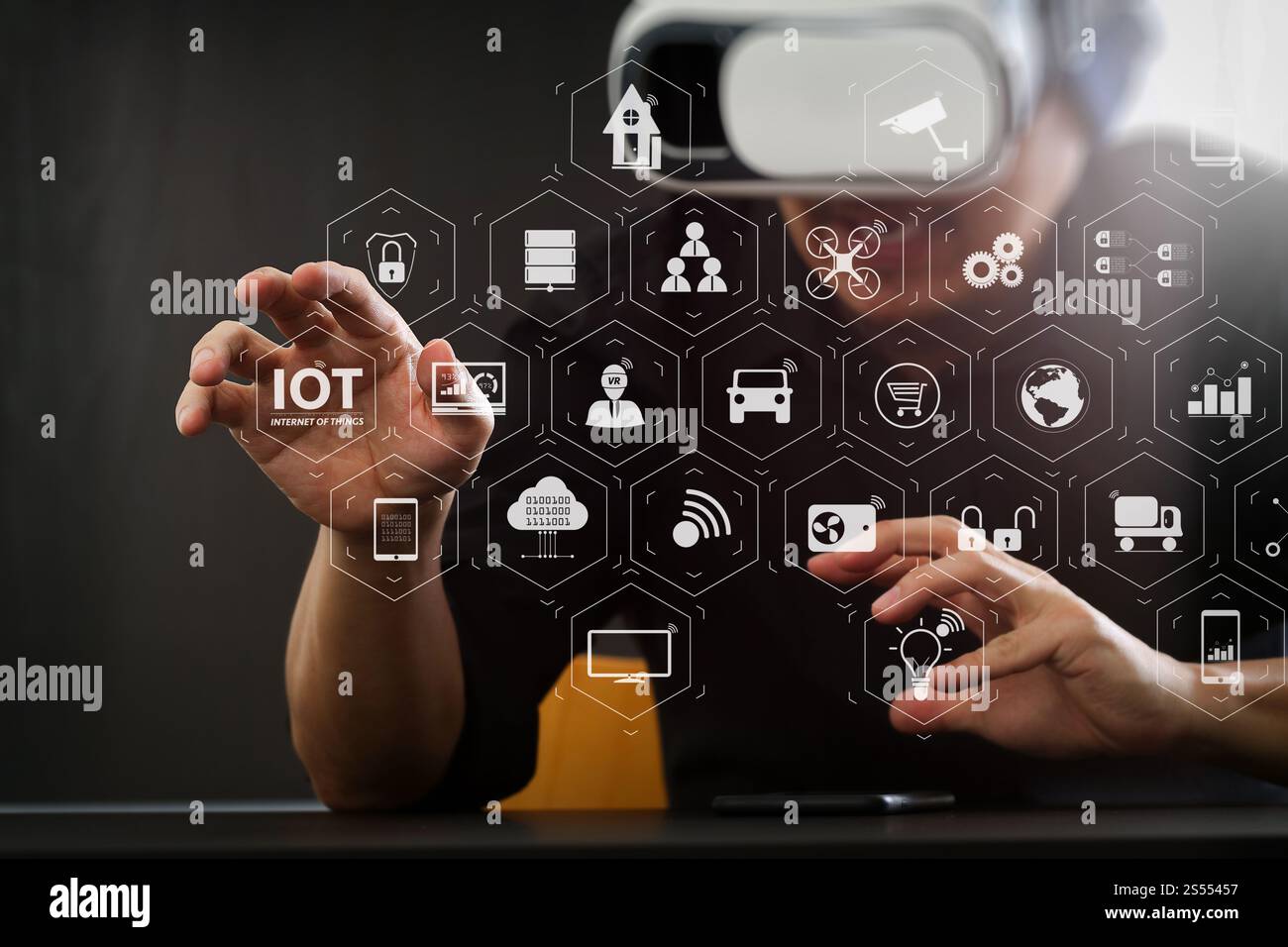 Internet of Things (IOT) technology with AR (Augmented Reality) on VR dashboard. businessman ...