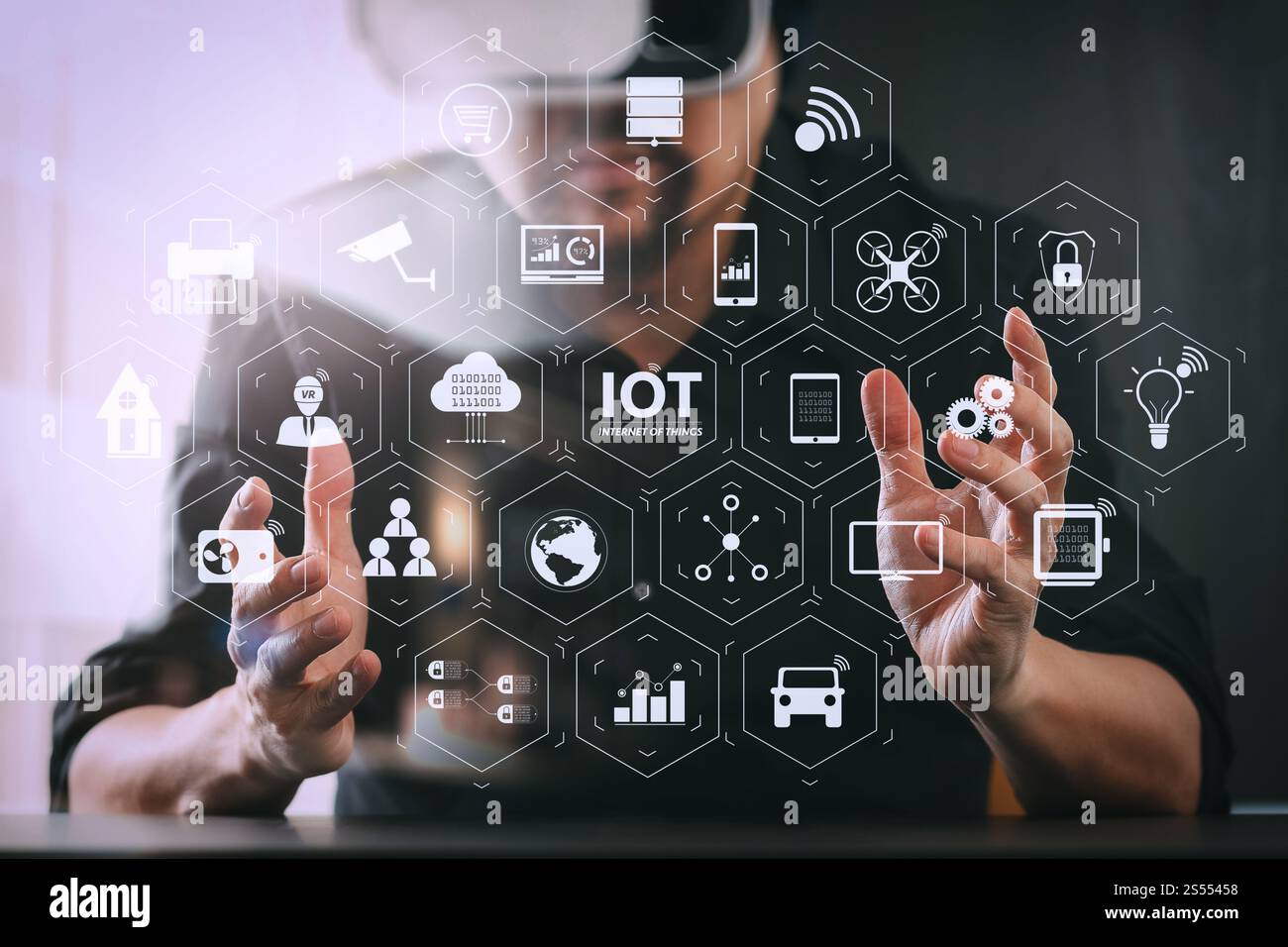 Internet of Things (IOT) technology with AR (Augmented Reality) on VR dashboard. businessman ...