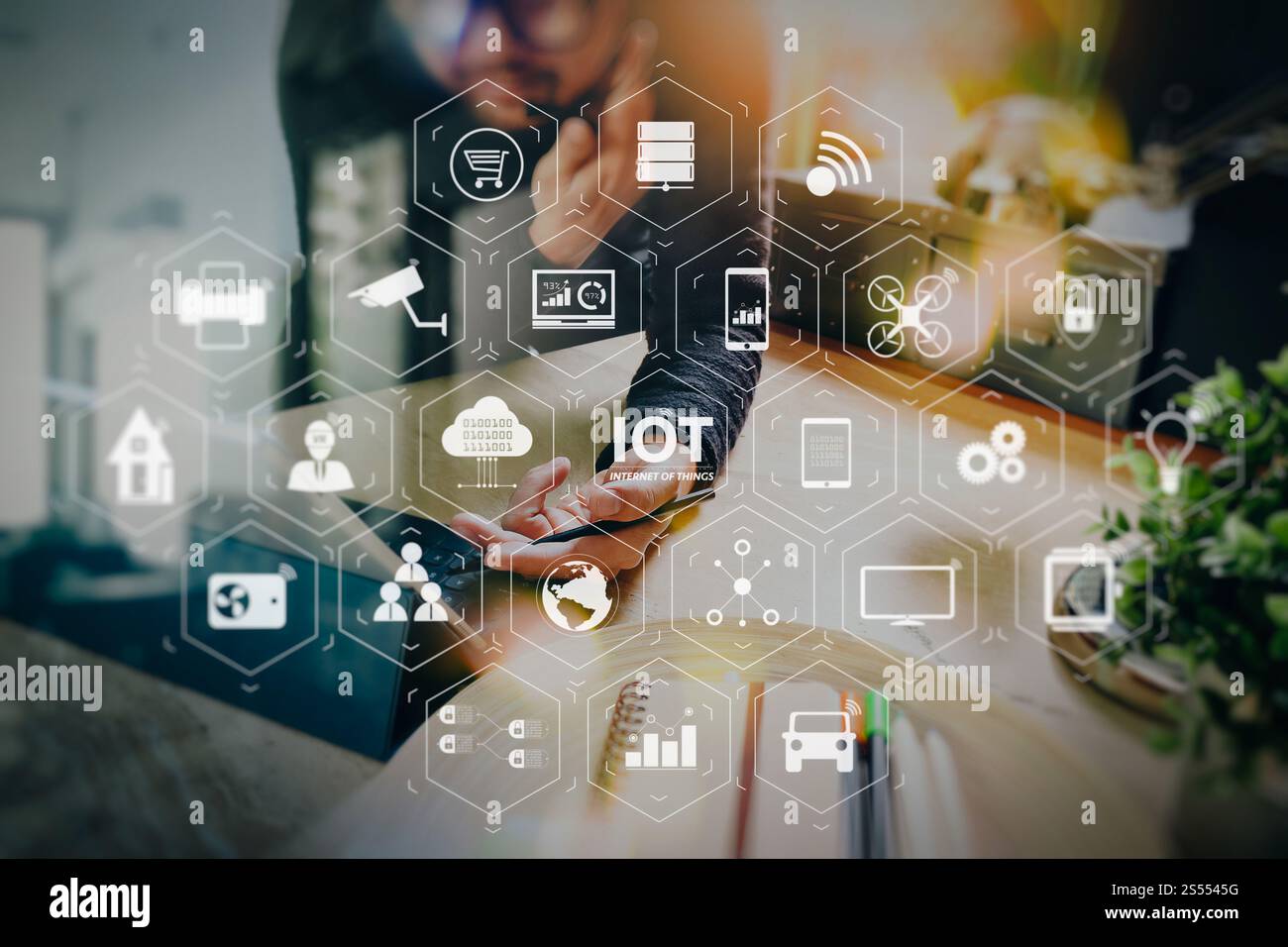 Internet of Things (IOT) technology with AR (Augmented Reality) on VR dashboard. Man using VOIP ...
