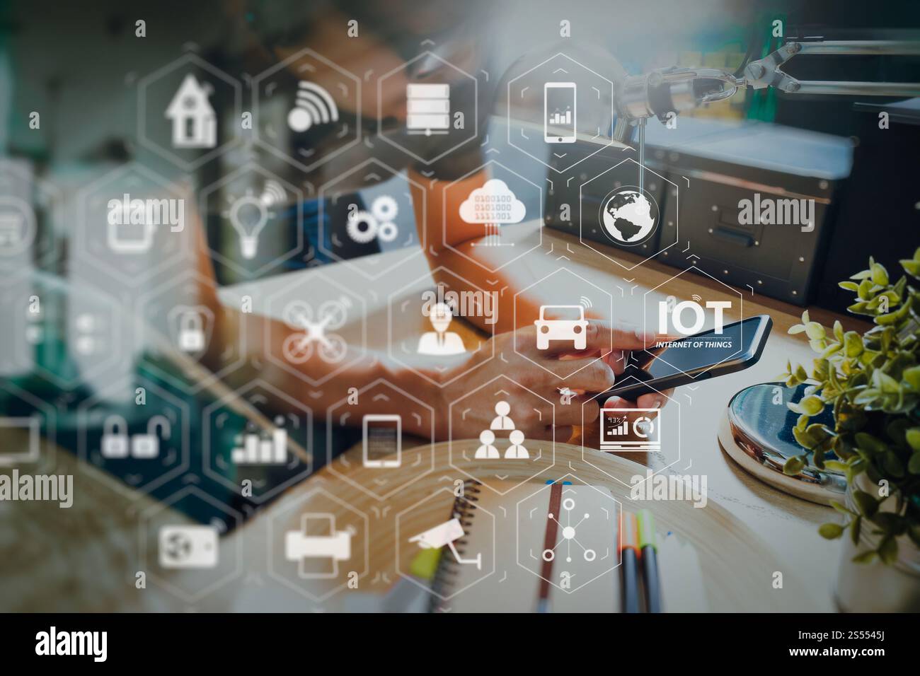 Internet of Things (IOT) technology with AR (Augmented Reality) on VR dashboard. Man using VOIP ...