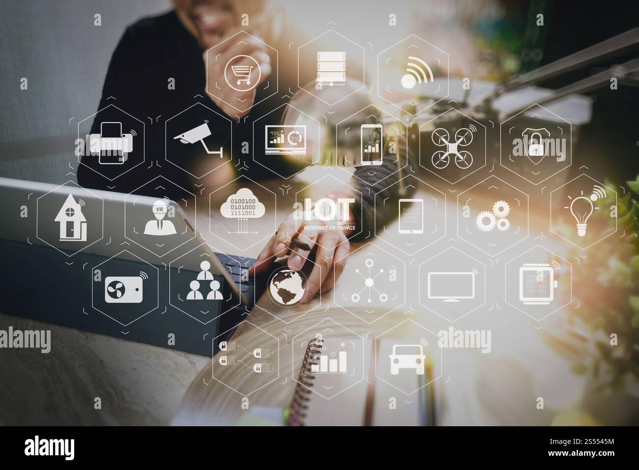 Internet of Things (IOT) technology with AR (Augmented Reality) on VR dashboard. Man using VOIP ...