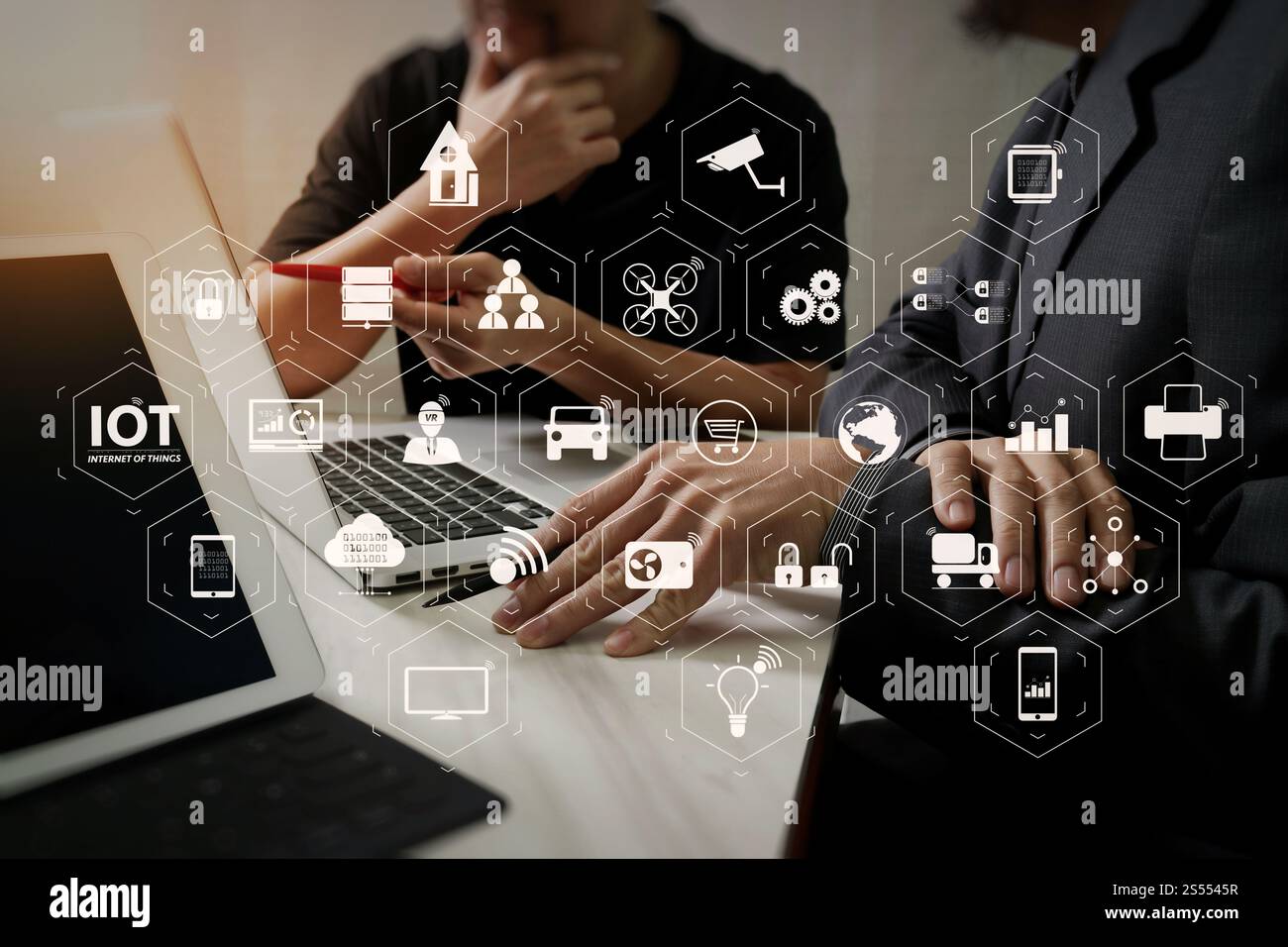 Internet of Things (IOT) technology with AR (Augmented Reality) on VR dashboard. Business team ...