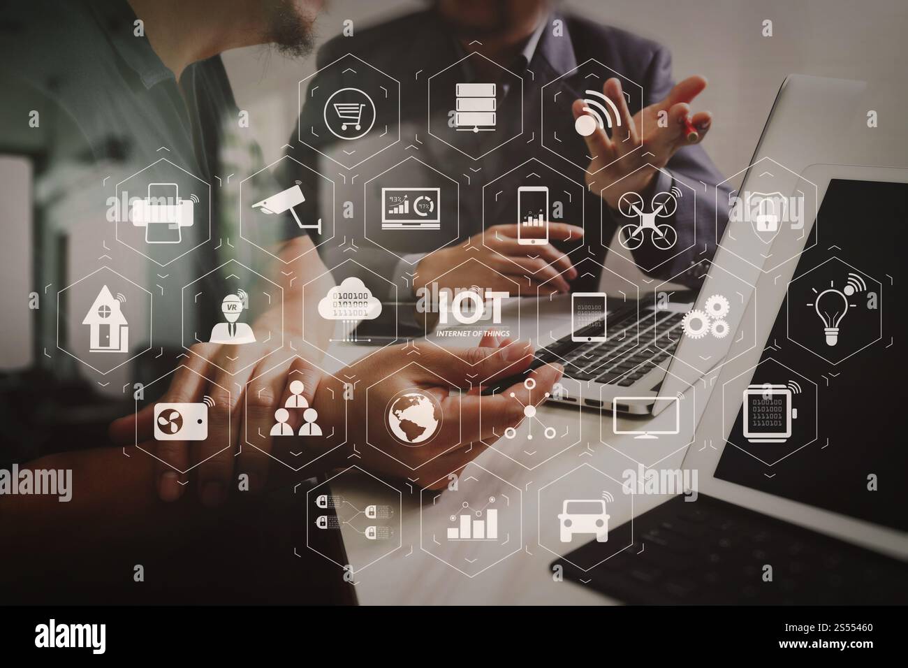 Internet of Things (IOT) technology with AR (Augmented Reality) on VR dashboard. Business team ...