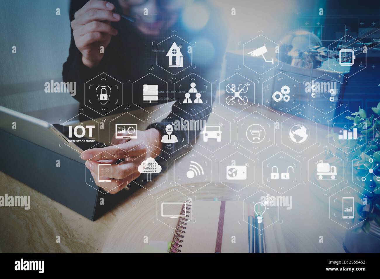 Internet of Things (IOT) technology with AR (Augmented Reality) on VR dashboard. Man using VOIP ...