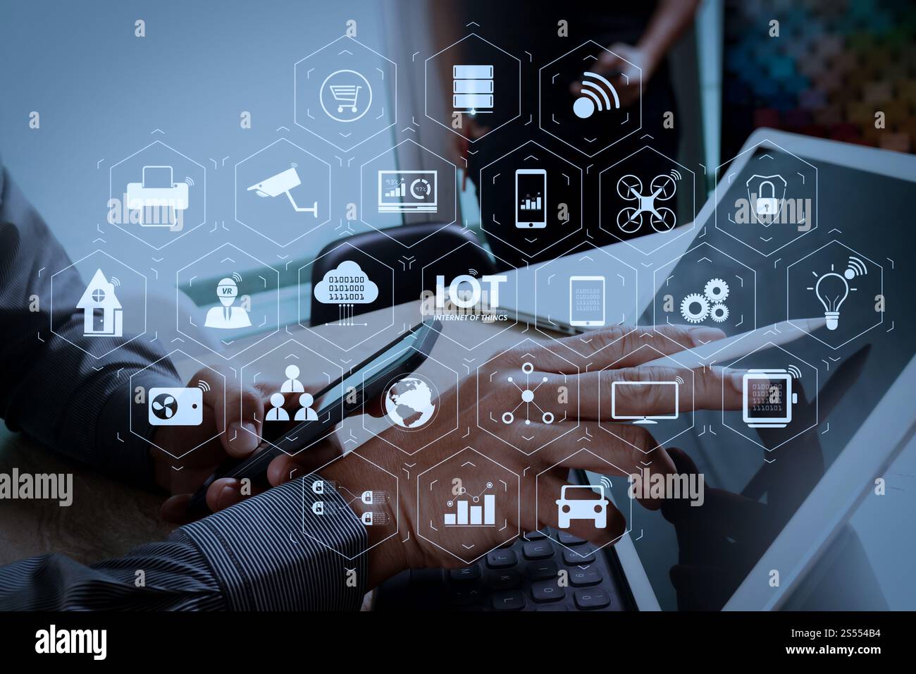 Internet of Things (IOT) technology with AR (Augmented Reality) on VR dashboard. two colleague ...