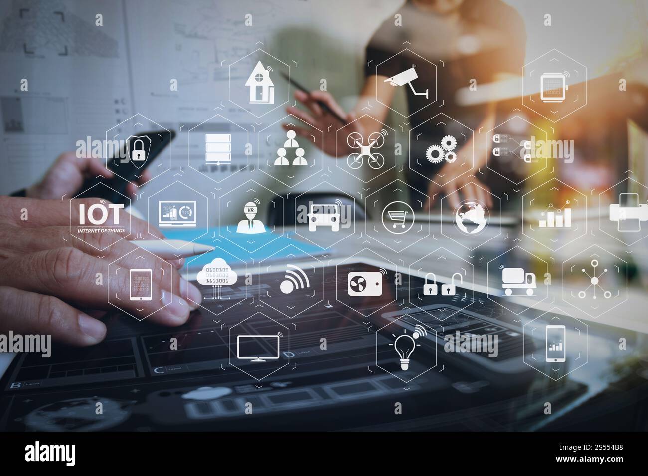 Internet of Things (IOT) technology with AR (Augmented Reality) on VR dashboard. Businessman ...