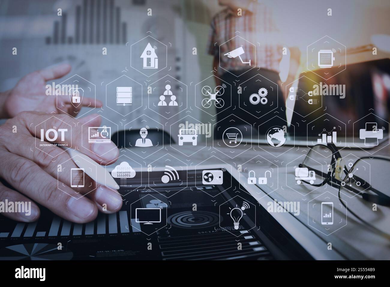 Internet of Things (IOT) technology with AR (Augmented Reality) on VR dashboard. Businessman ...