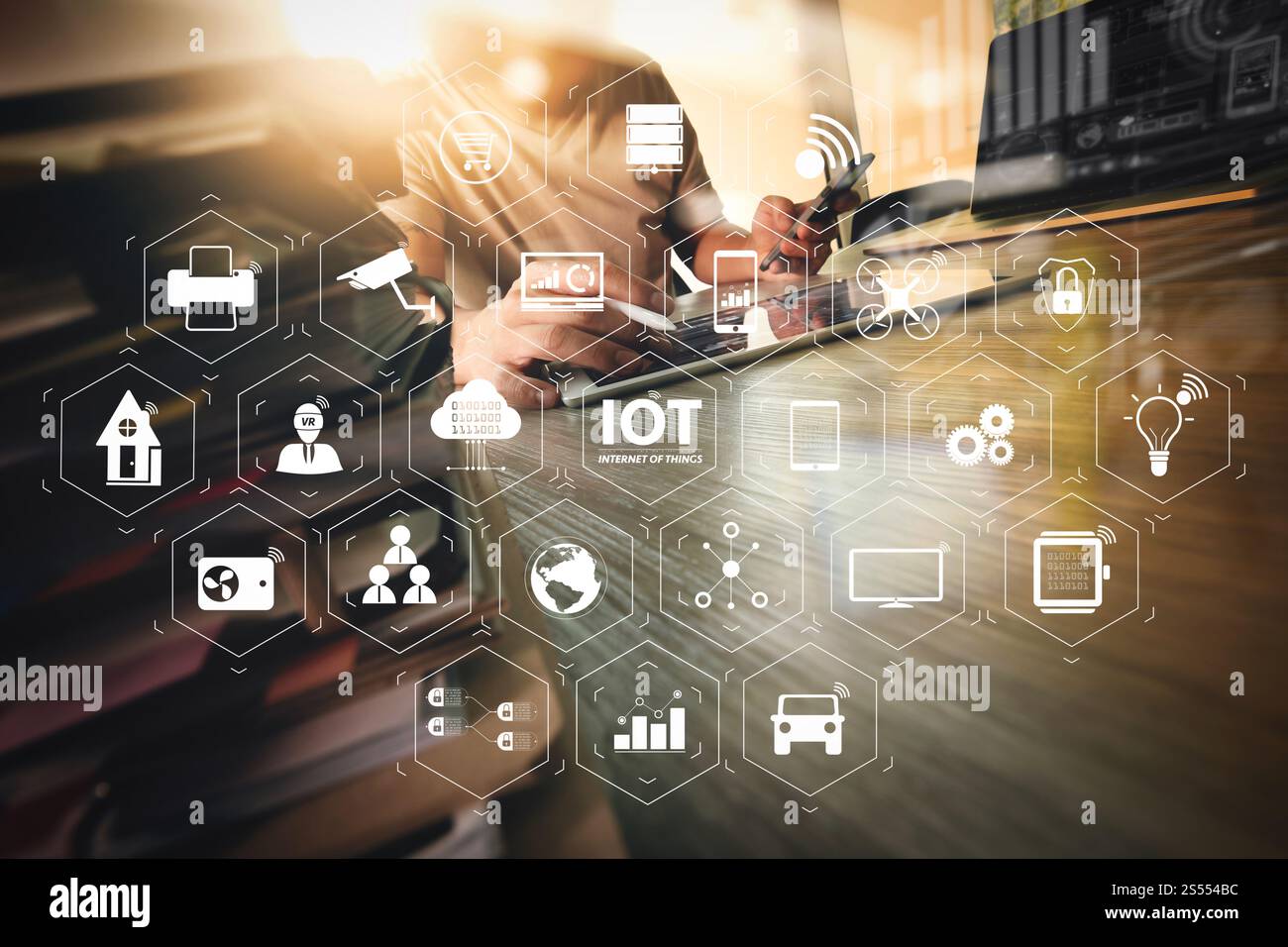 Internet of Things (IOT) technology with AR (Augmented Reality) on VR dashboard. designer hand ...