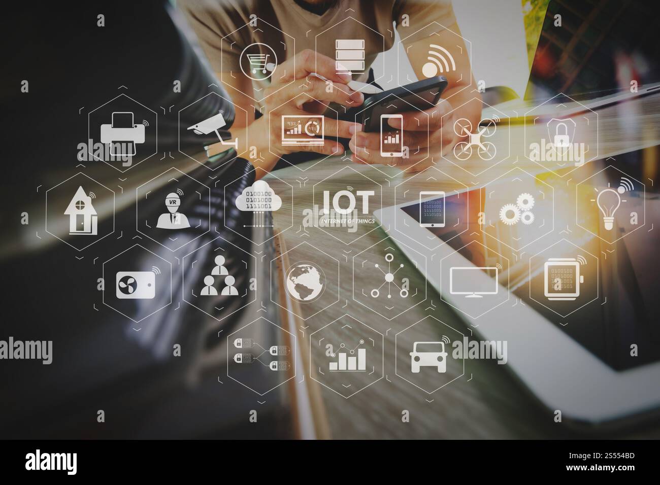 Internet of Things (IOT) technology with AR (Augmented Reality) on VR dashboard. designer hand ...