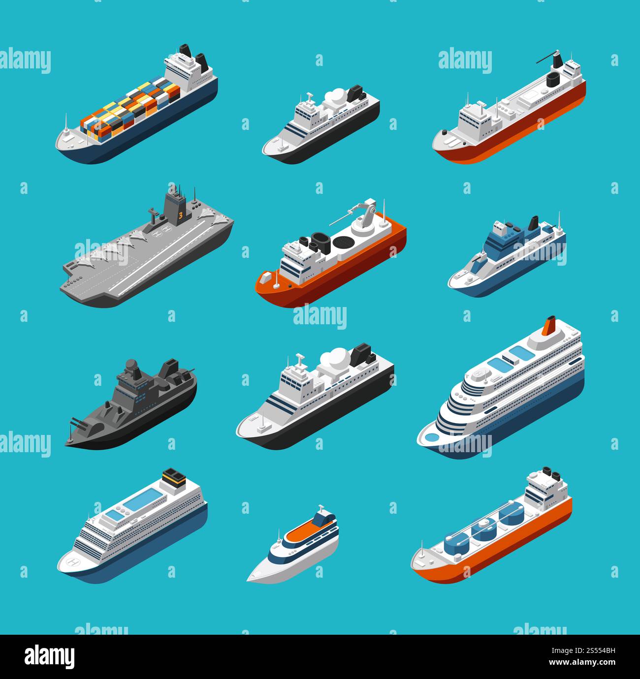 Passenger and cargo ships, sailing boats, yachts and vessels isometric ...