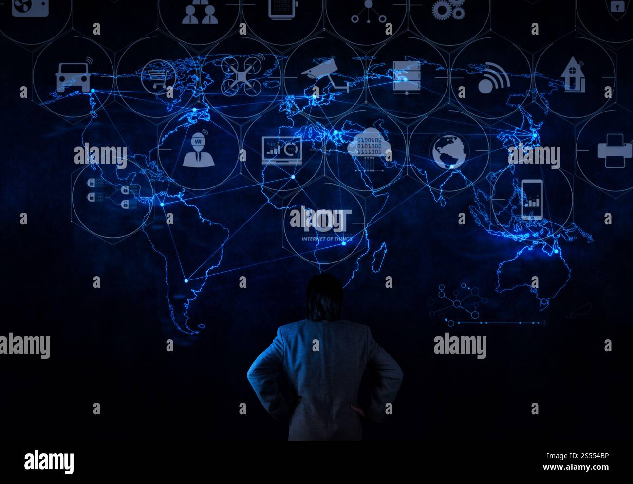 Internet of Things (IOT) technology with AR (Augmented Reality) on VR dashboard. businessman ...