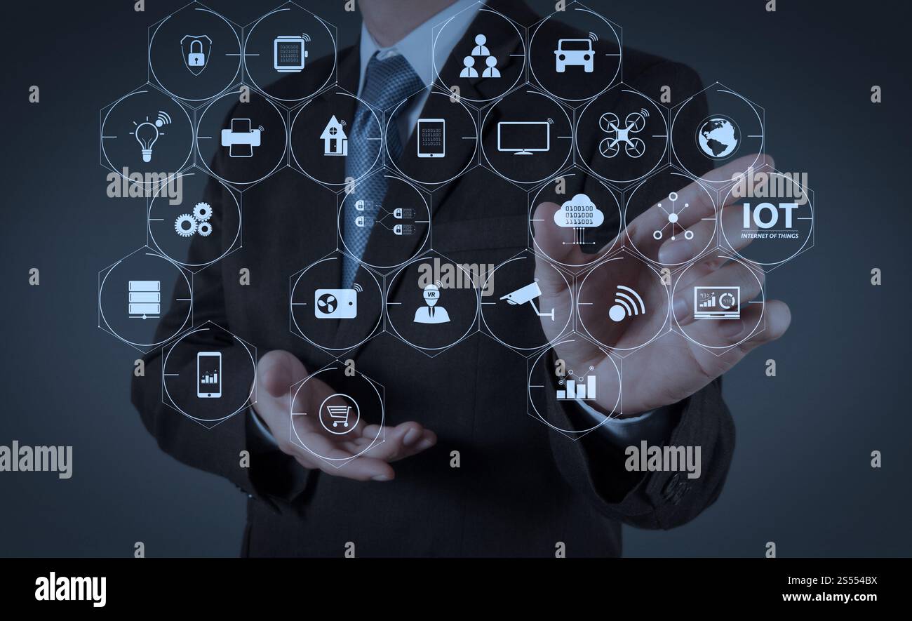 Internet of Things (IOT) technology with AR (Augmented Reality) on VR dashboard. Businessman ...