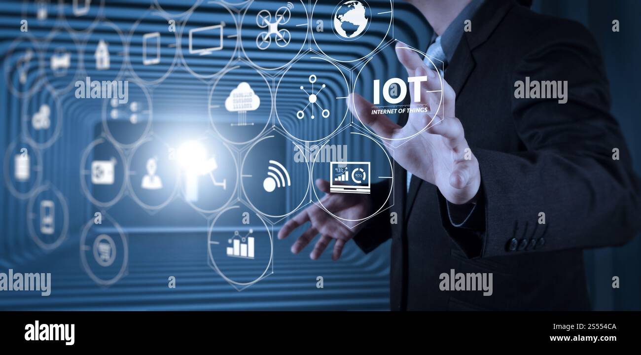 Internet of Things (IOT) technology with AR (Augmented Reality) on VR dashboard. business man ...