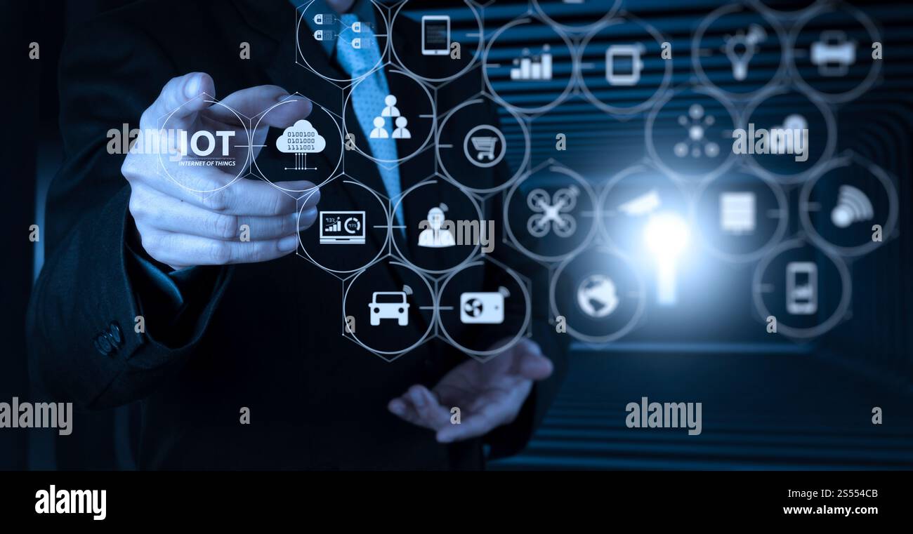 Internet of Things (IOT) technology with AR (Augmented Reality) on VR dashboard. Businessman ...