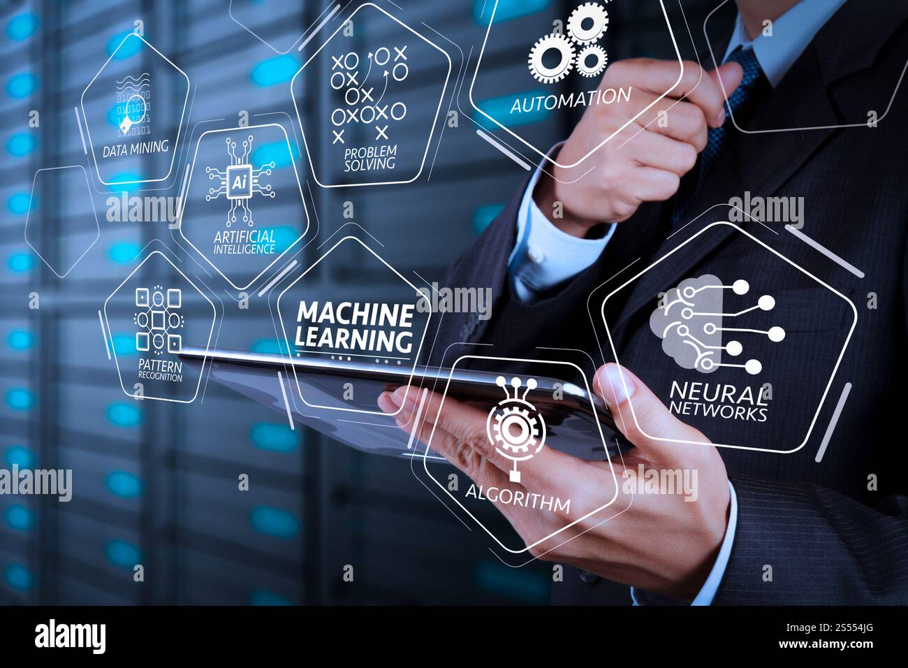 Machine learning technology diagram with artificial intelligence (AI),neural network,automation ...