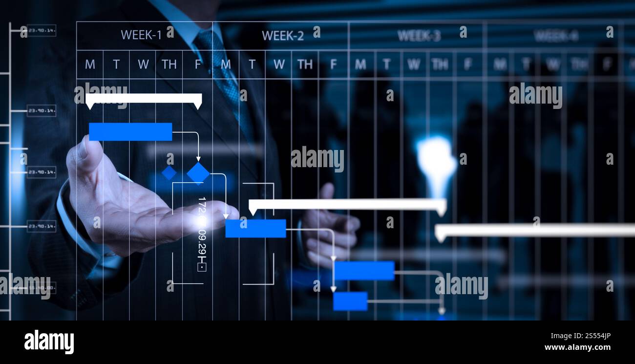 Project manager working and update tasks with milestones progress ...