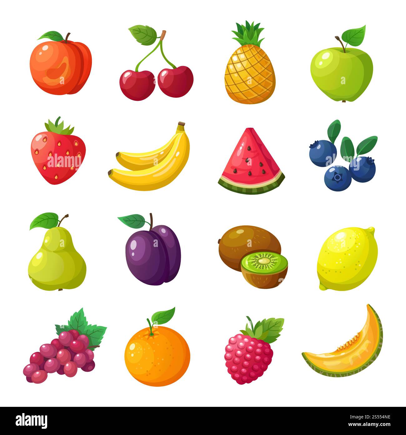 Cartoon fruits and berries. Melon pear mandarin watermelon apple orange ...
