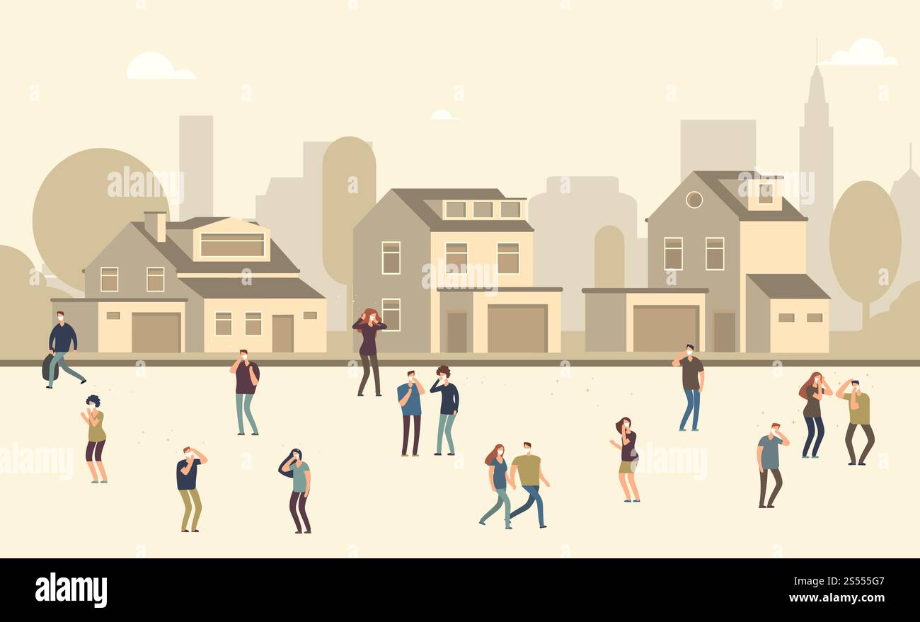 People in dust mask. Men and women suffering from dust in cityscape ...