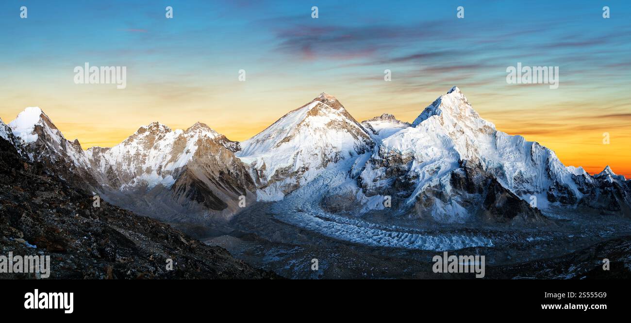 Panoramic view of Mount Everest, Lhotse and Nuptse from Pumori base ...
