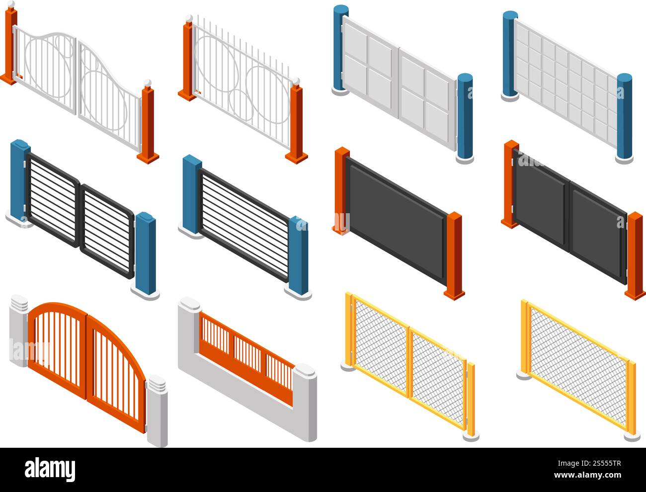 Isometric fences and gates. Rural farm fencing. 3d vector set ...