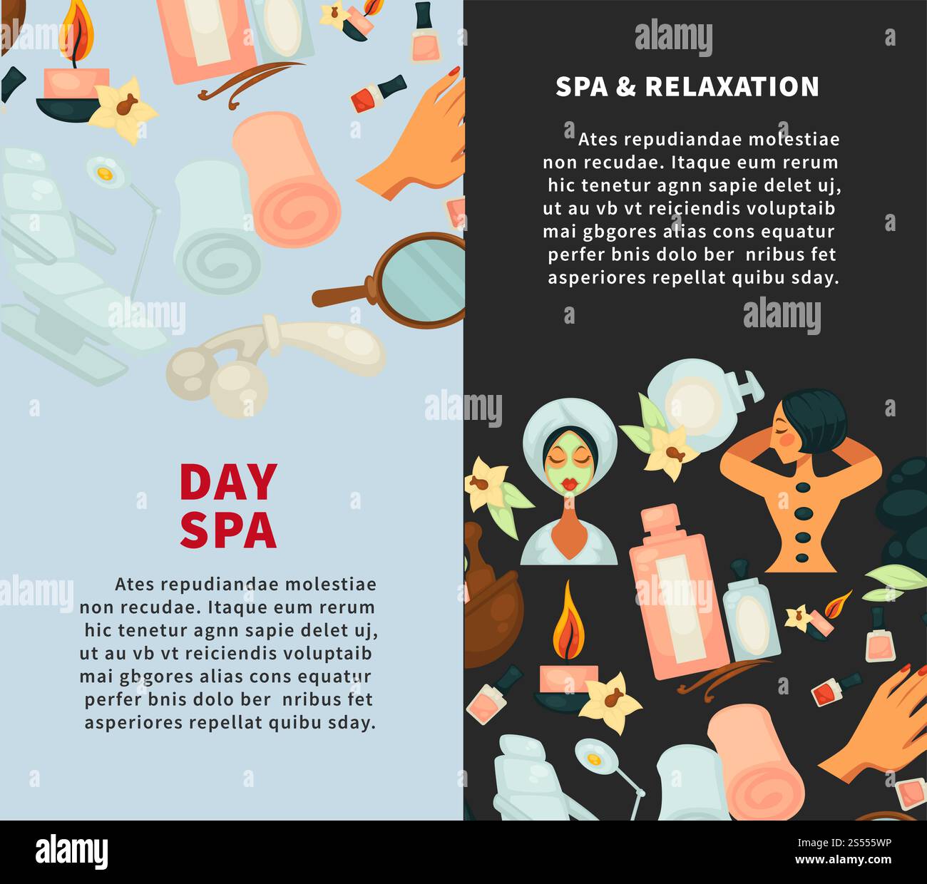Spa and relaxation day vertical promotional posters set. Equipment for ...