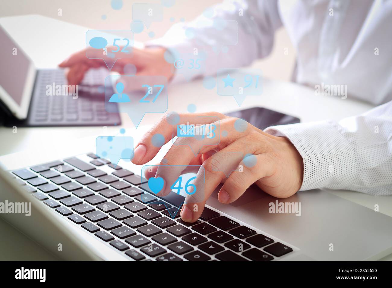 Social media and Marketing virtual icons screen concept.close up of ...