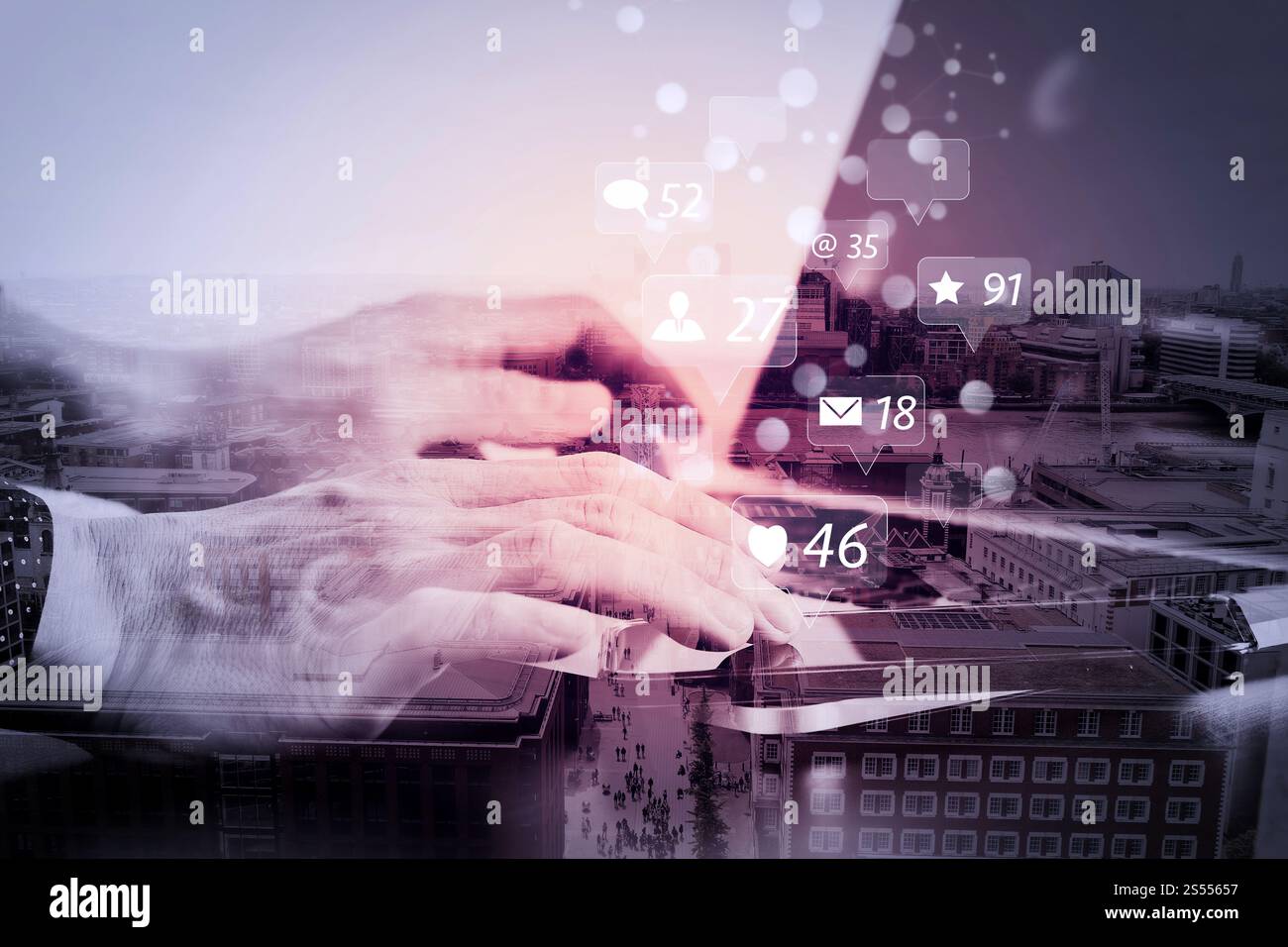 Social media and Marketing virtual icons screen concept.close up of ...