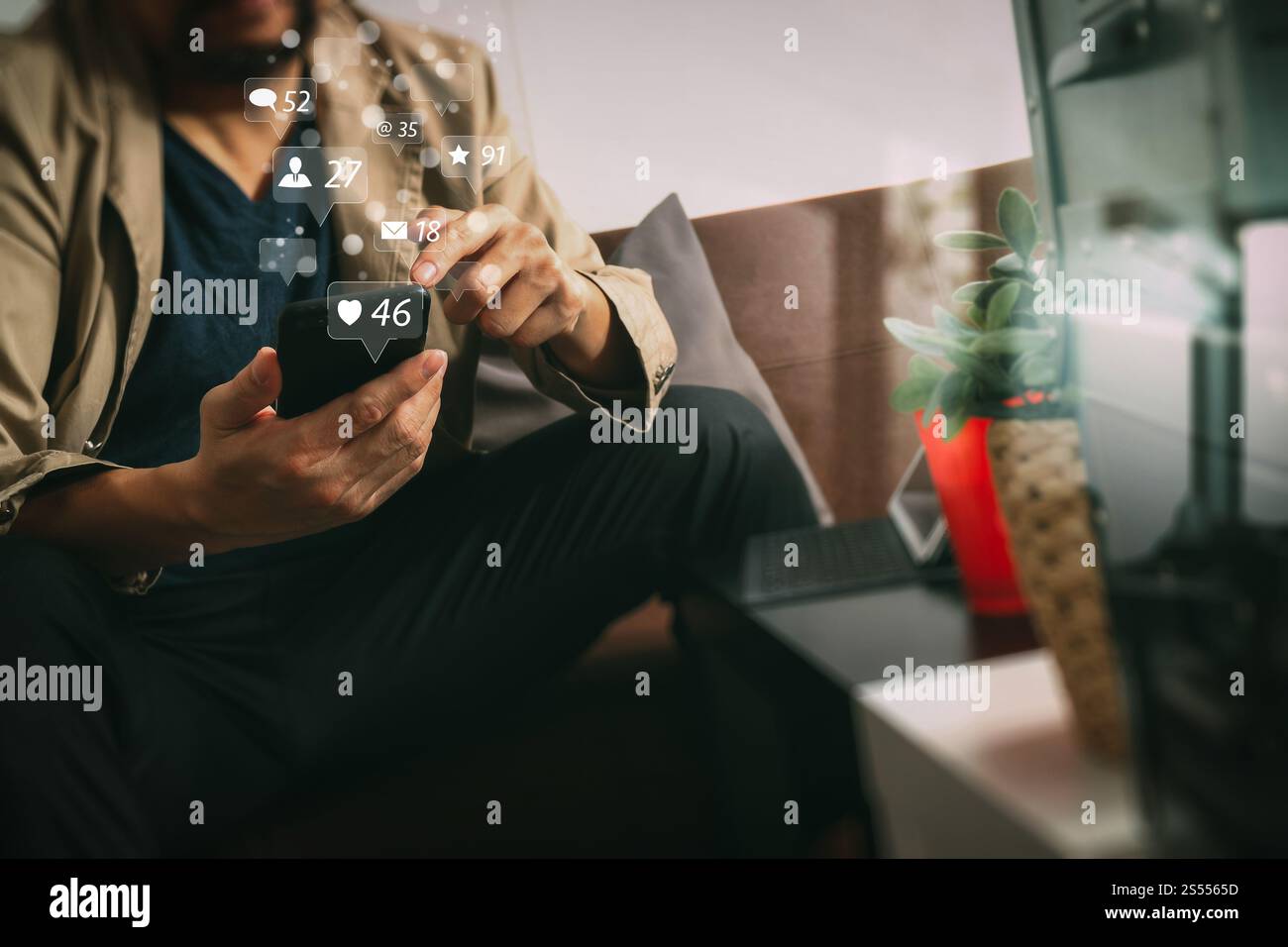 Social media and Marketing virtual icons screen concept.hipster hand ...