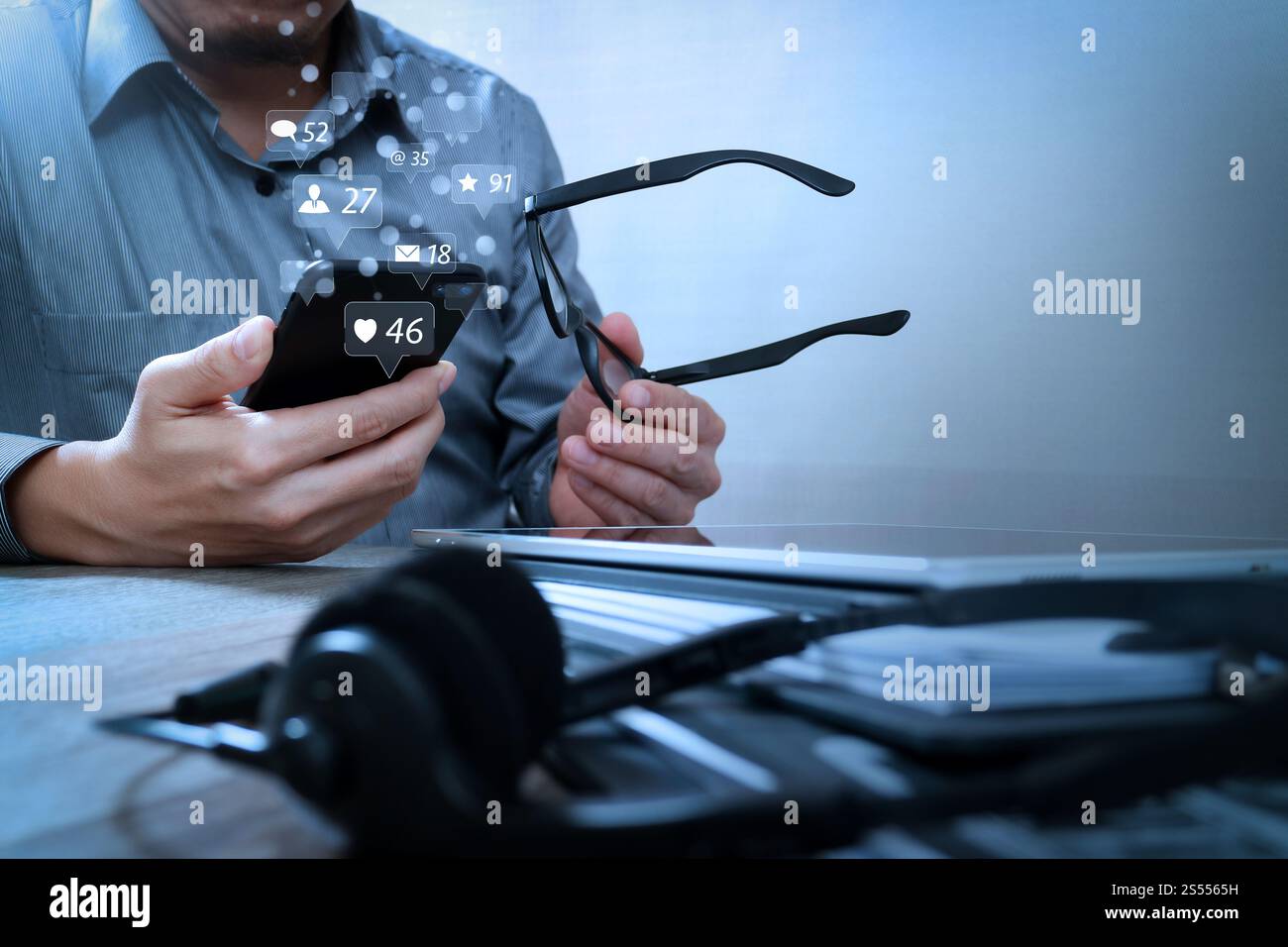 Social media and Marketing virtual icons screen concept.man with ...