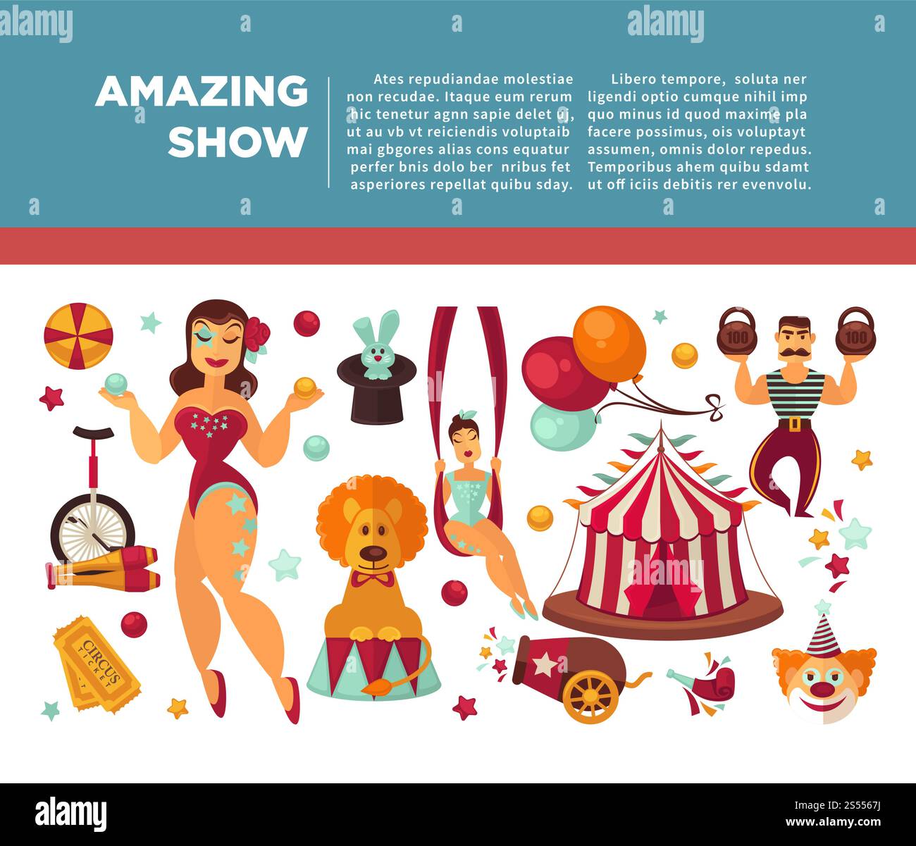 Amazing circus promo poster with participants of show and equipment ...