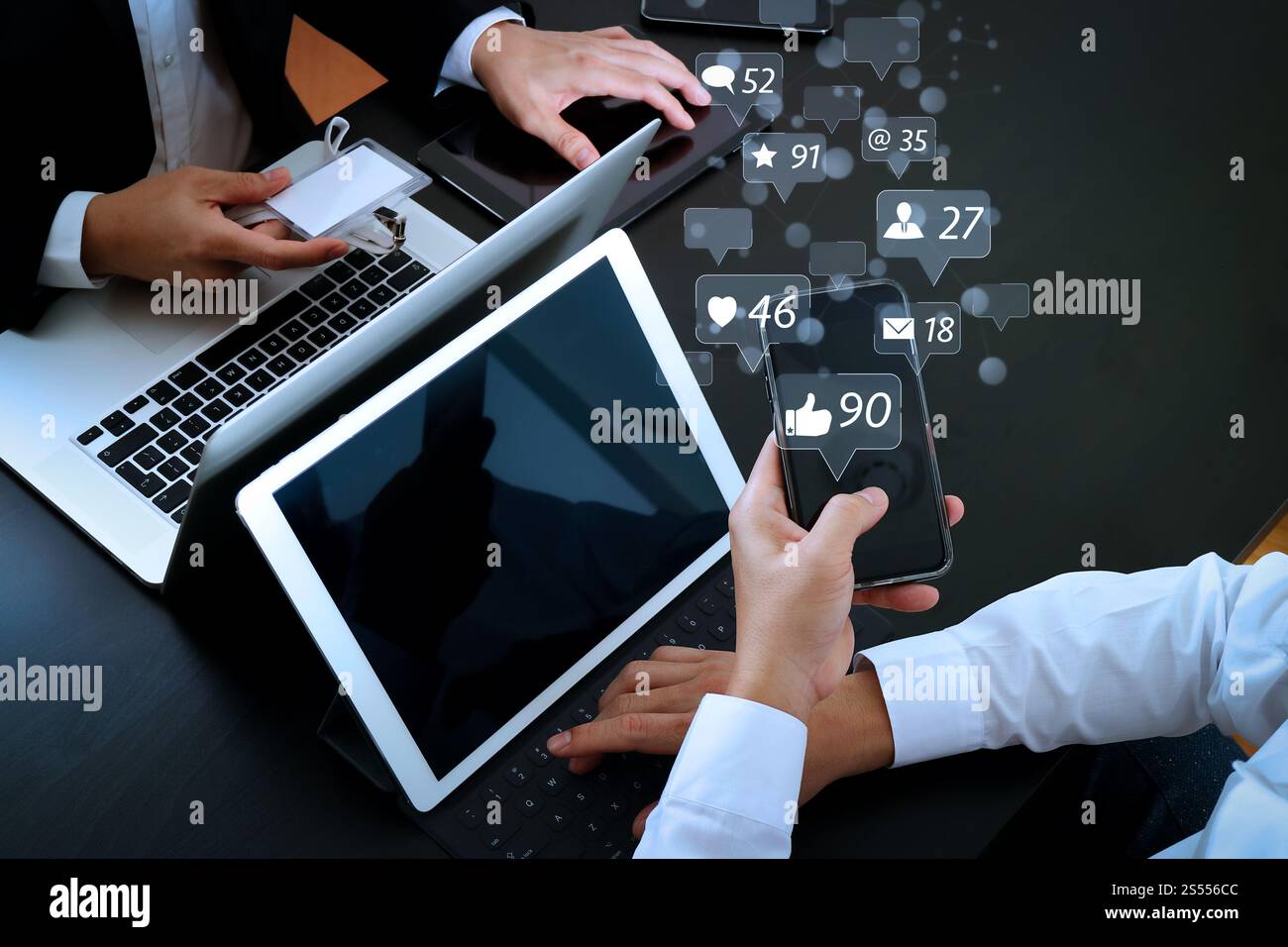 Social media and Marketing virtual icons screen concept.co working team ...