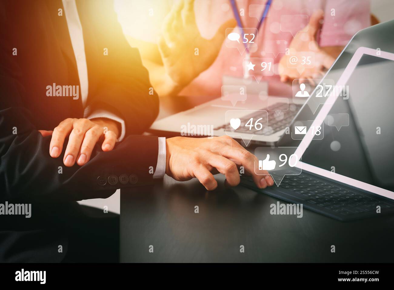 Social media and Marketing virtual icons screen concept.co working team ...