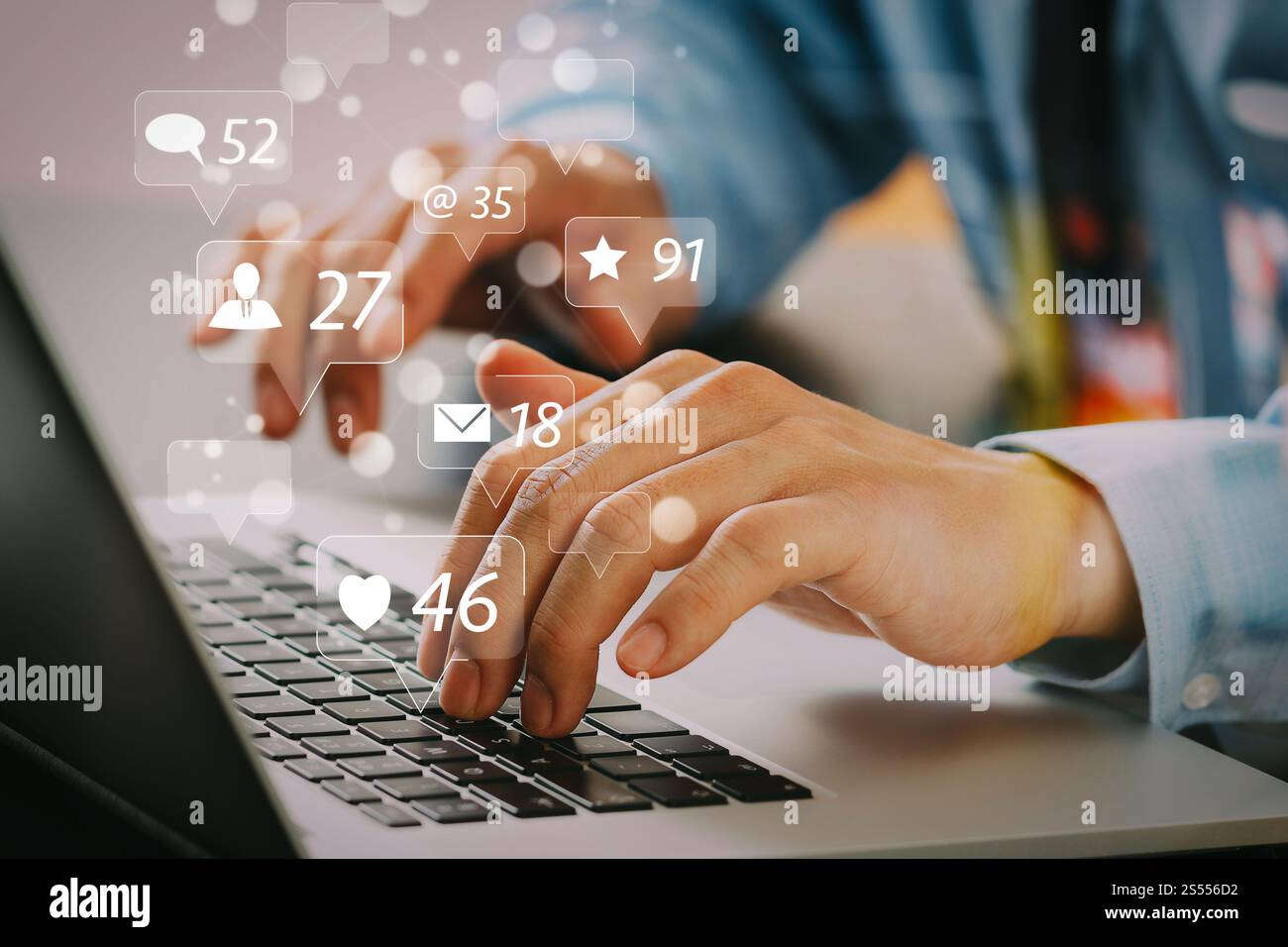 Social media and Marketing virtual icons screen concept.close up of ...