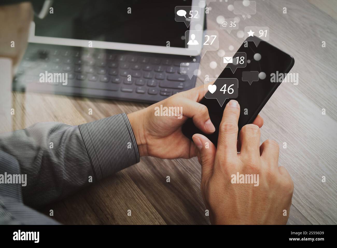 Social media and Marketing virtual icons screen concept.Hand using ...