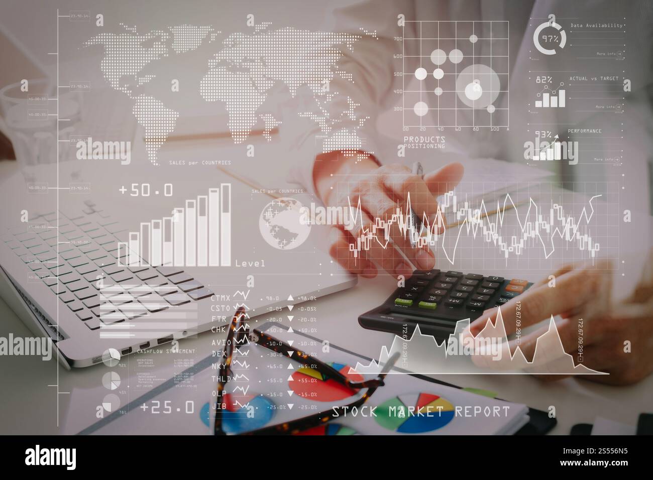 Investor analyzing stock market report and financial dashboard with ...