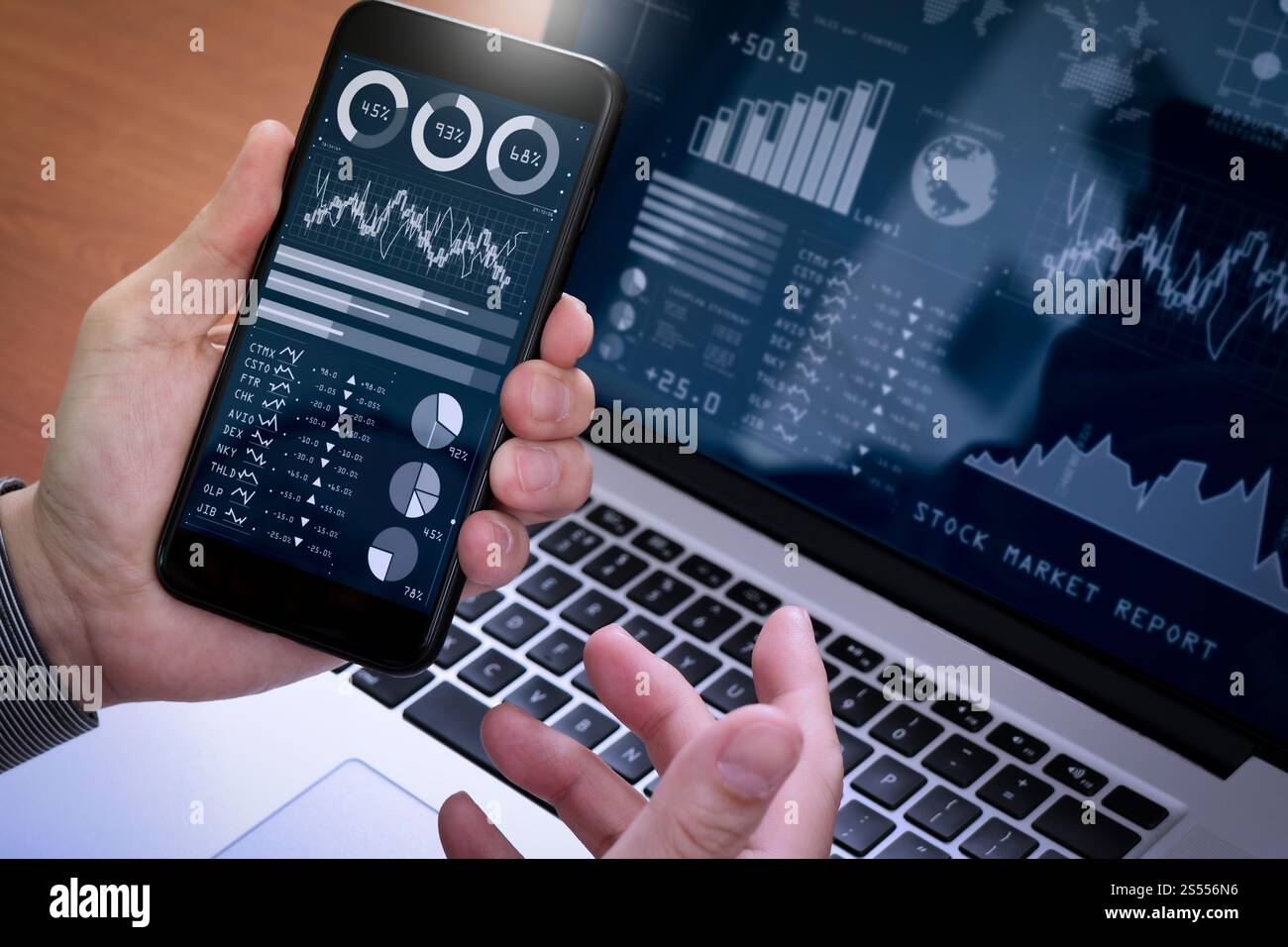 Investor analyzing stock market report and financial dashboard with ...