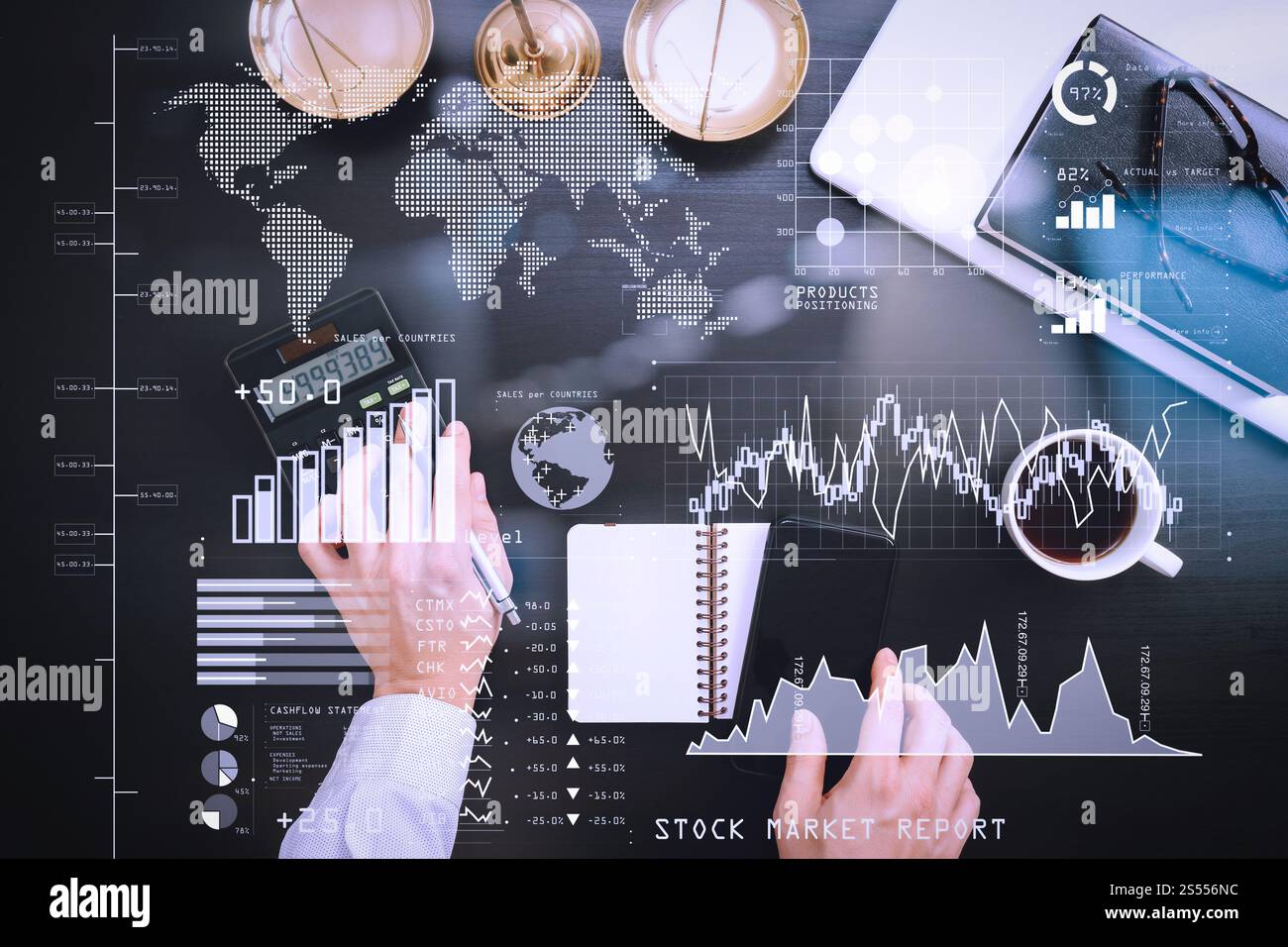 Investor analyzing stock market report and financial dashboard with ...