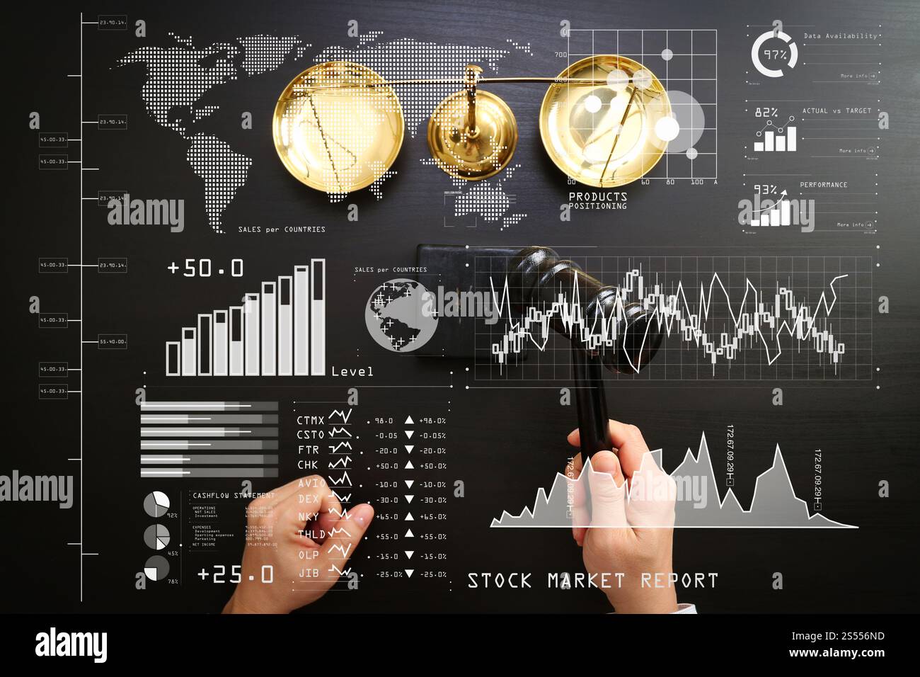 Investor analyzing stock market report and financial dashboard with ...