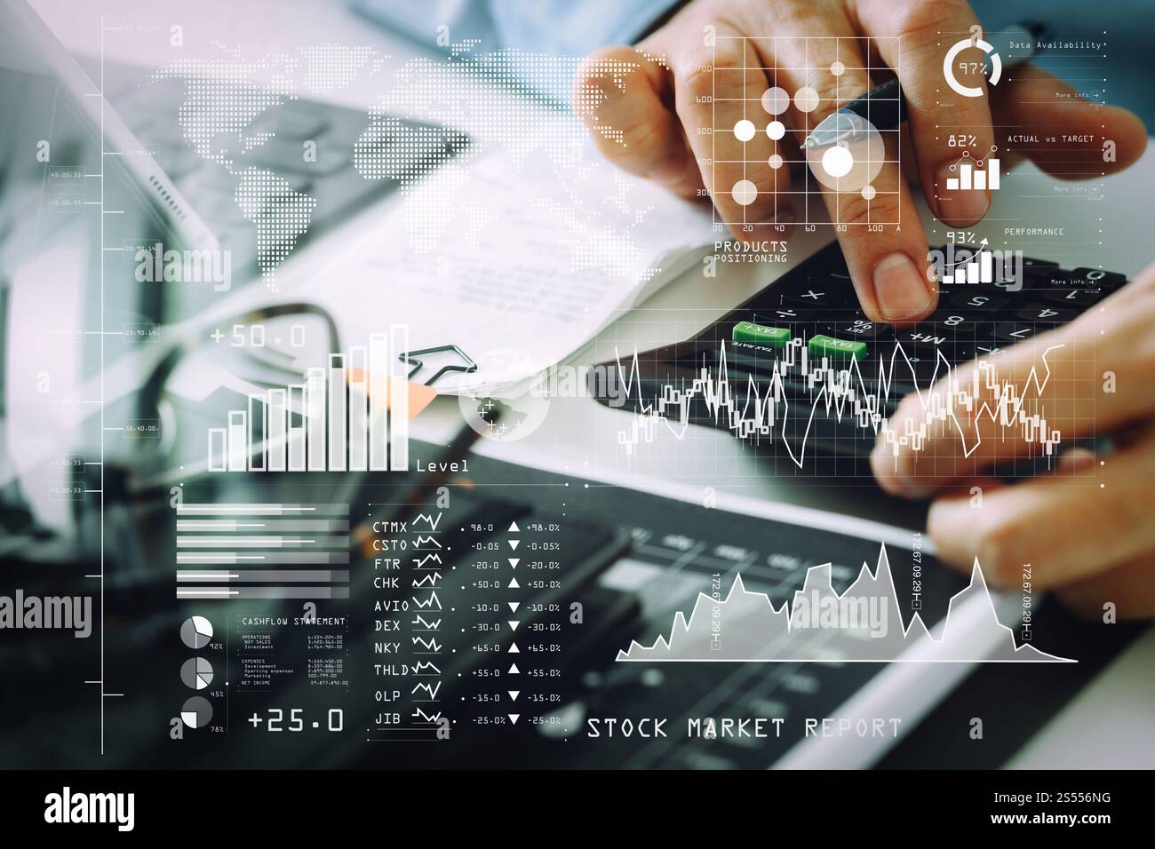 Investor analyzing stock market report and financial dashboard with ...