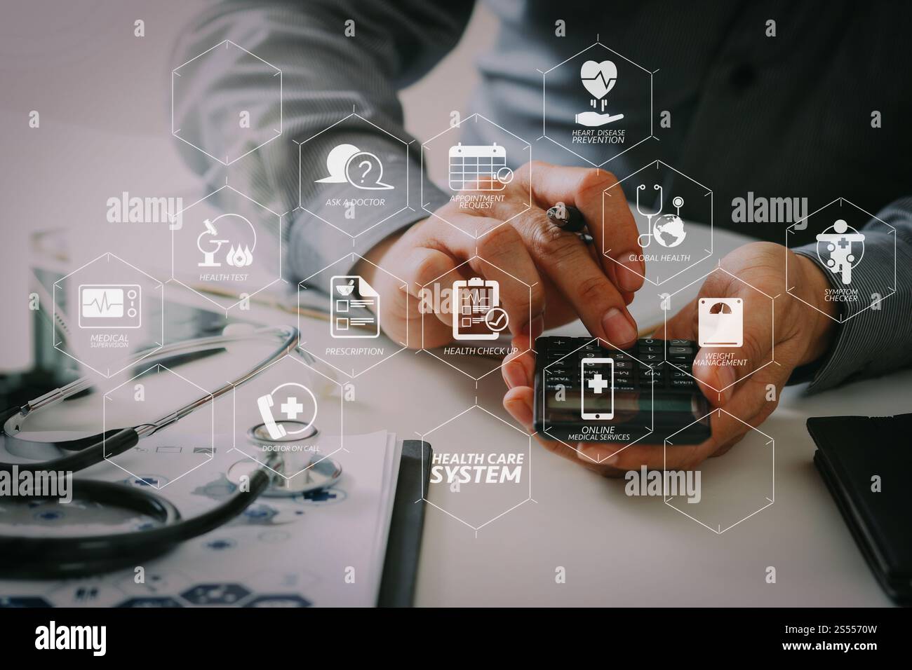 Health care system diagram with health check and symptom on VR ...